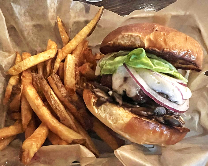 A Mushroom Swiss burger that could convert even the most dedicated plain-burger enthusiast. Those roasted mushrooms deserve their own fan club.