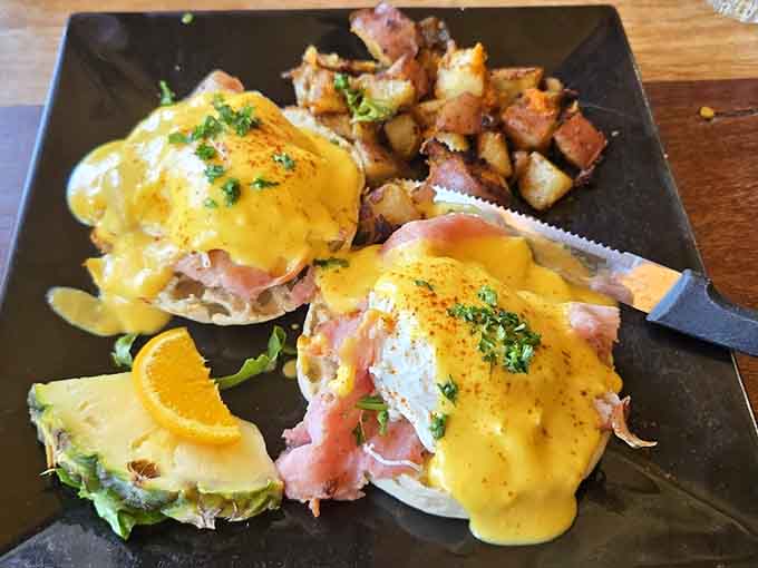 Eggs Benedict variations demonstrate serious poaching skills, with hollandaise sauce that proves someone in the kitchen knows their stuff.