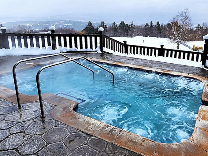Winter transforms the outdoor hot tub into a steamy oasis, where tired muscles relax while eyes feast on snow-covered mountain panoramas.