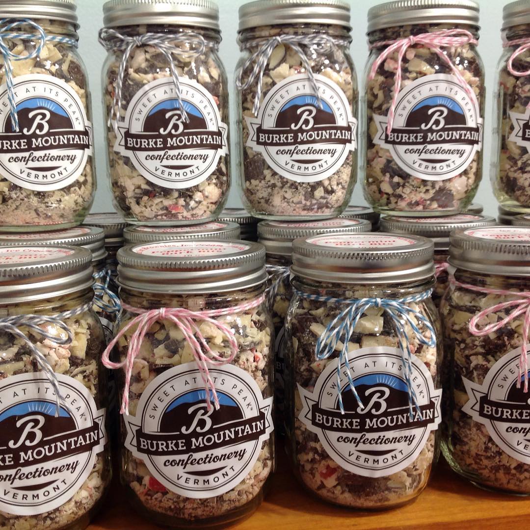 Mason jars filled with peppermint bark bits &ndash; like capturing Vermont winter magic in glass containers that practically beg to be emptied.