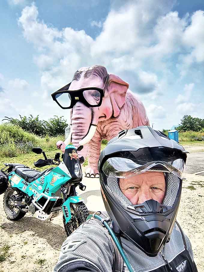 Motorcyclists can't resist stopping for a photo with Wisconsin's most famous pink resident, creating the ultimate contrast in cool.