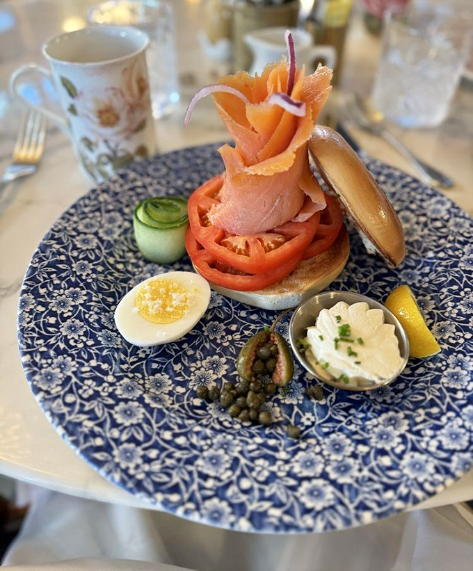 Salmon origami meets bagel artistry&mdash;this isn't just breakfast, it's sculpture you can eat! The cucumber curl adds that "I've got my life together" touch.