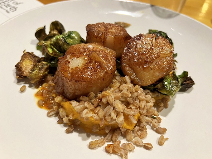 Caramelized scallops nestle atop a bed of farro, their sweet flesh complemented by the nutty grain and seasonal vegetables.