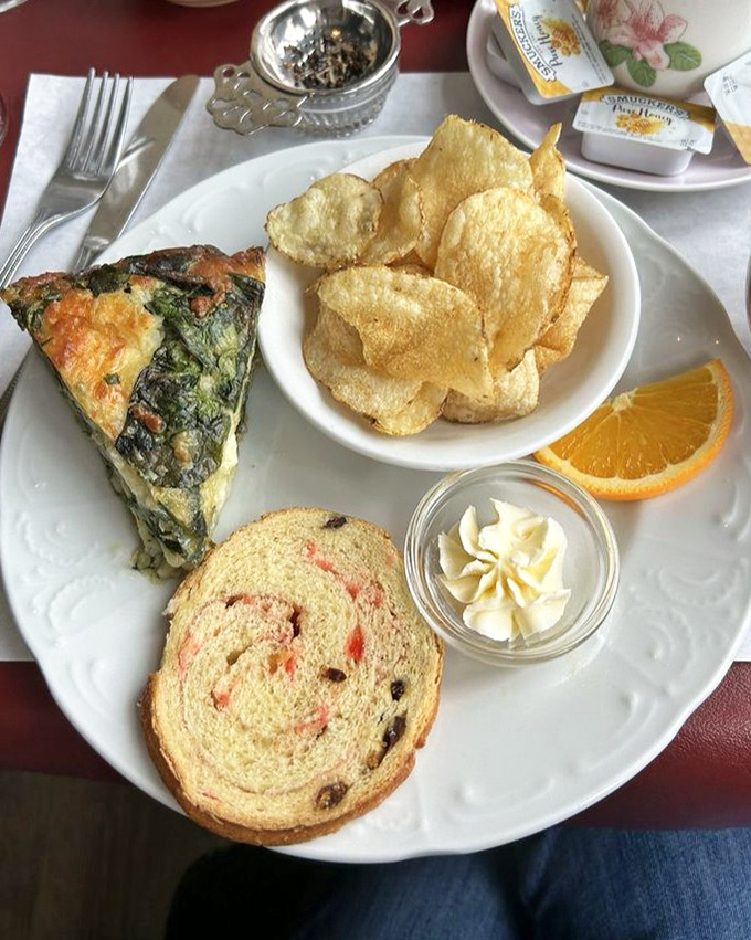 Spinach quiche that would make a French chef tip their hat, paired with crispy chips &ndash; comfort food that doesn't sacrifice sophistication.