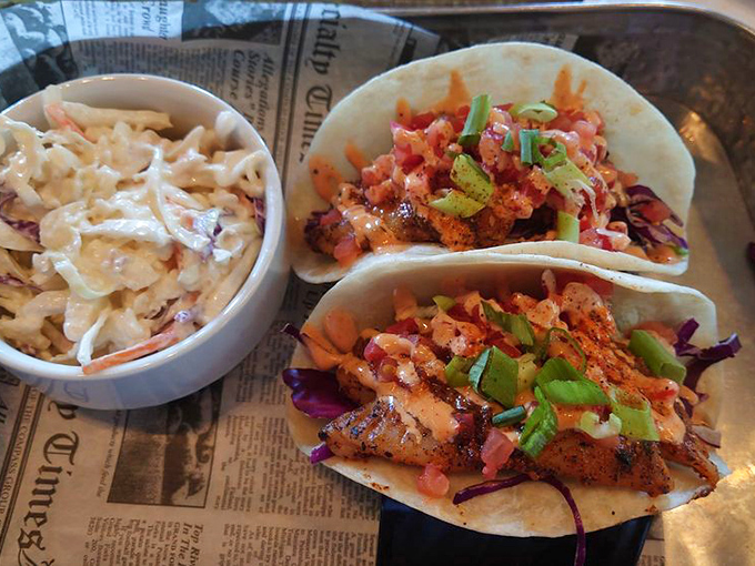 Fish tacos that make you wonder if mermaids secretly run the kitchen. The coleslaw seals the deal!