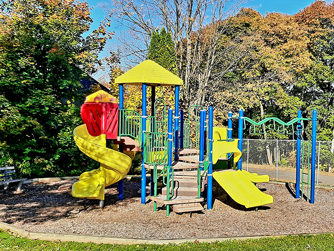 West Houghton Park's colorful playground equipment promises adventure for the little ones while parents enjoy a moment of peace.