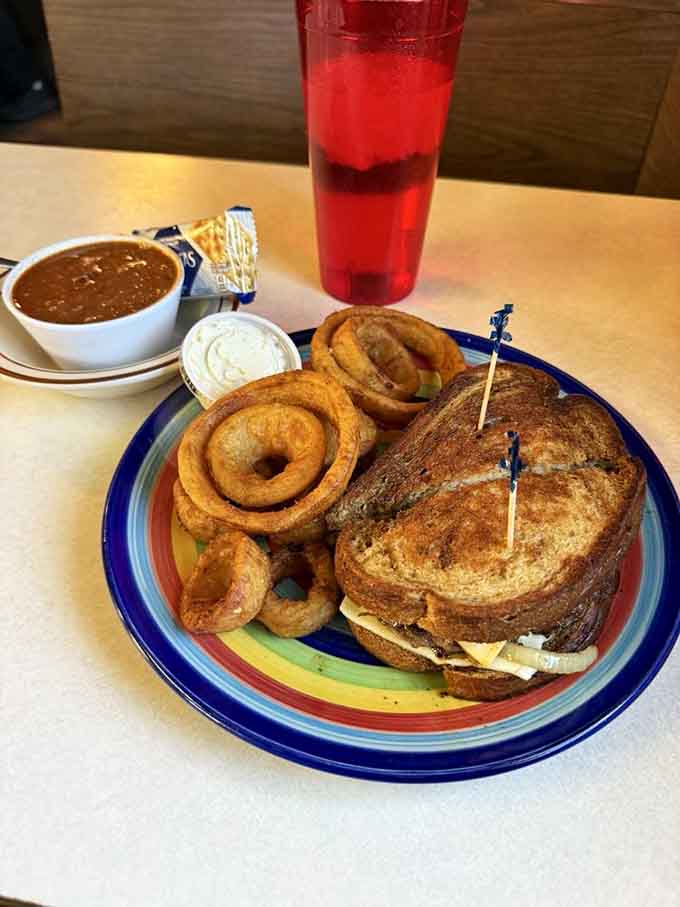 That patty melt with onion rings is what happens when comfort food reaches its full potential.