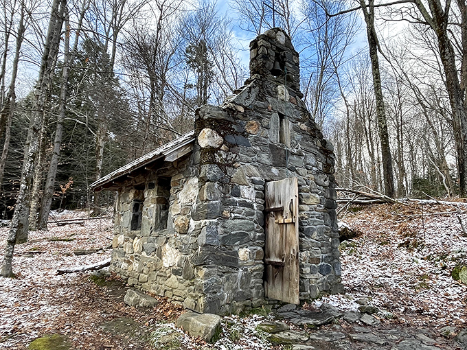 Winter transforms the chapel into a snow globe scene, proving that Vermont doesn't need Hallmark's help to look impossibly picturesque.