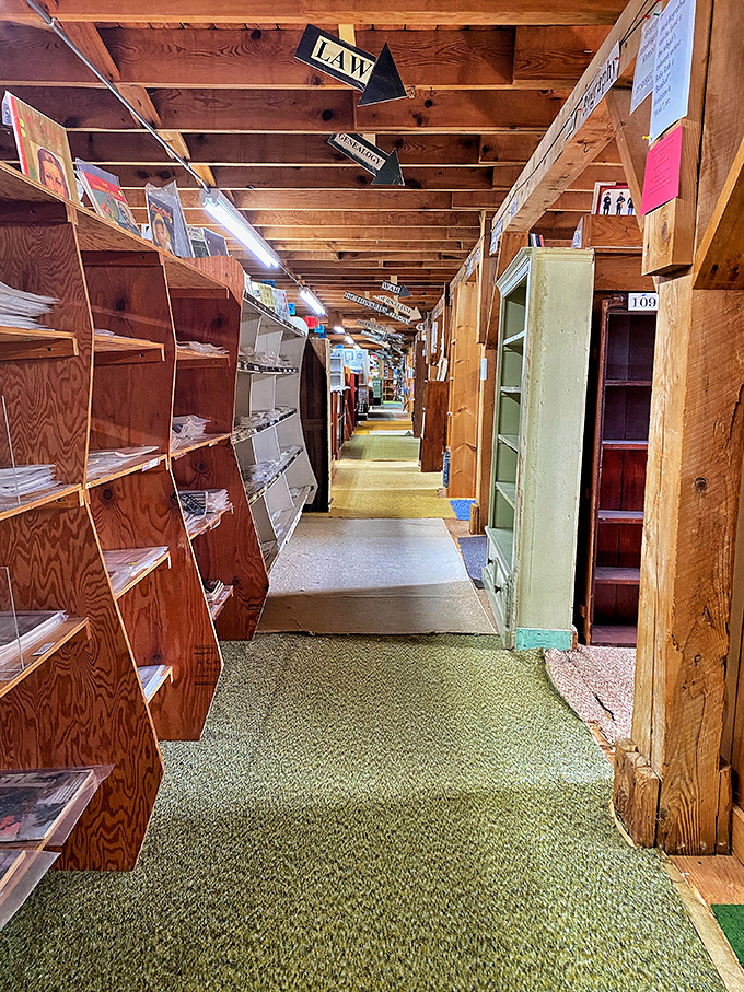 Handmade signs point the way through this literary labyrinth, where "LAW" might lead to unexpected adventures.