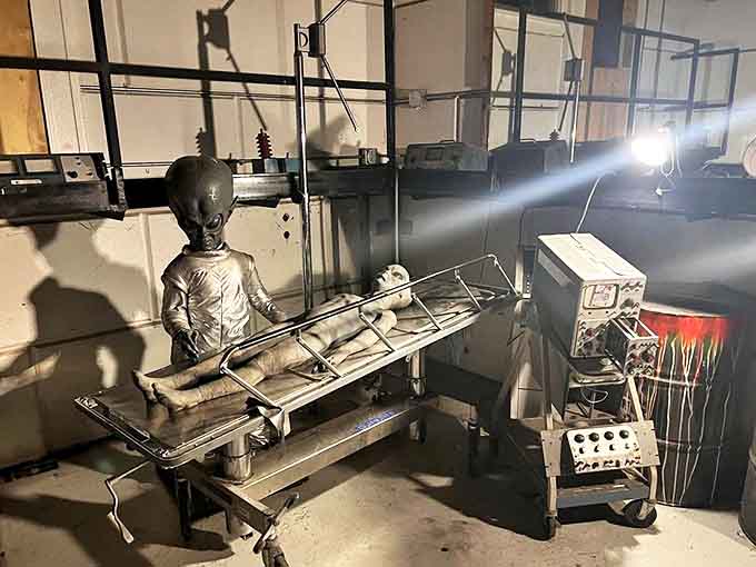 Welcome to Area 51's reception desk, where blue-skinned extraterrestrials from Roswell await your arrival with unnervingly calm expressions.