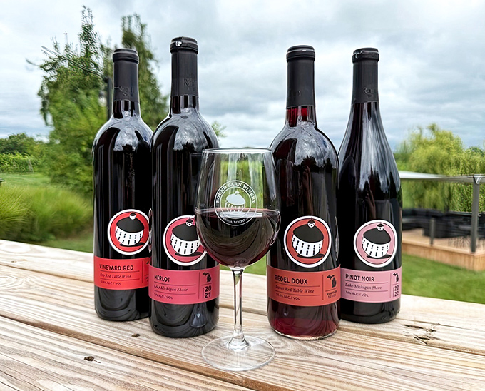 Red wine lineup: Four soldiers of satisfaction stand at attention, their labels grinning with the promise of berry notes, oak undertones, and evening relaxation.
