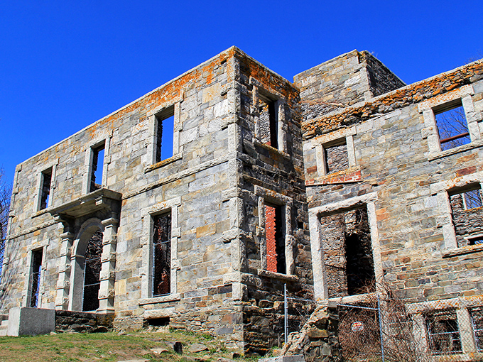 Craftsmanship endures: Close-up details reveal the skilled stonework that has weathered over 160 years of harsh Maine winters.