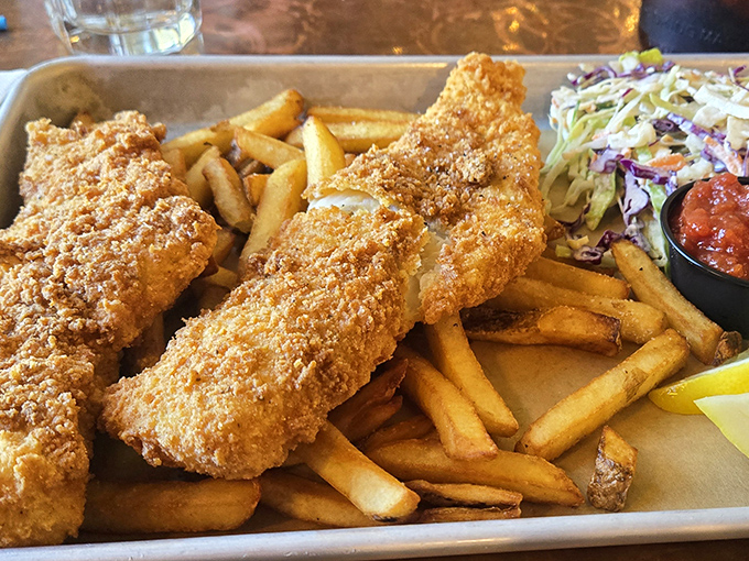 Fish and chips that would make a New Englander weep with joy &ndash; crispy, golden-brown perfection with a side of nostalgia and zero pretension.