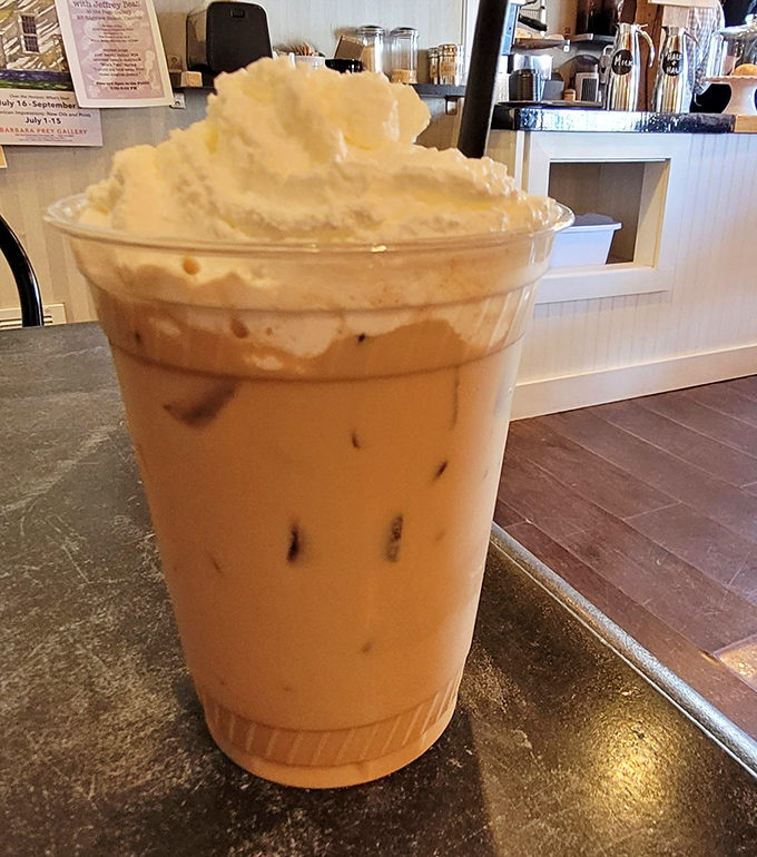 Whipped cream crowns this iced coffee like a royal diadem, promising refreshment that's both sophisticated and indulgent.