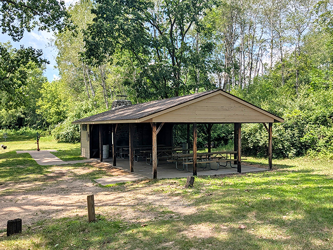 This humble picnic pavilion has witnessed more family reunions, birthday celebrations, and impromptu gatherings than a small-town community center.