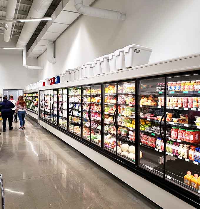 The produce section gleams with fresh fruits and vegetables, many locally sourced when Michigan's growing season permits.