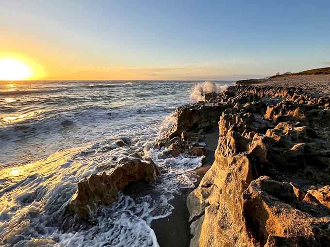 Sunset at Blowing Rocks hits different when the waves are putting on their evening show for free.