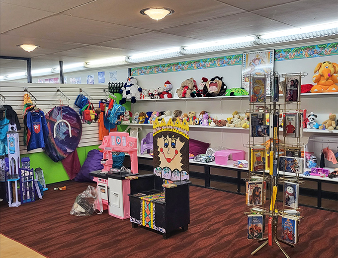 The toy section bursts with colorful potential, where nostalgic treasures and modern playthings await young imaginations at guilt-free prices.