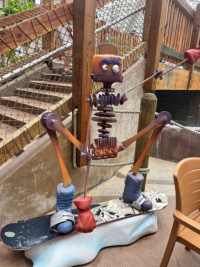 Even the decorations have personality &ndash; this whimsical robot sculpture made from repurposed parts adds Vermont's artistic touch to the tropical vibe.