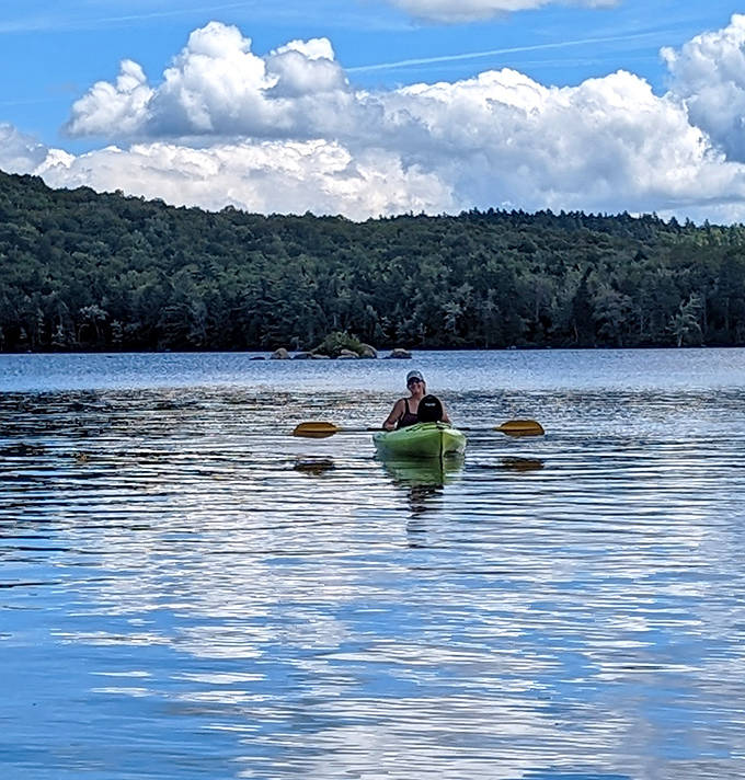 Kayaking at Pillsbury &ndash; gliding across mirror-like waters while contemplating life's big questions, like "Why don't I do this more often?"