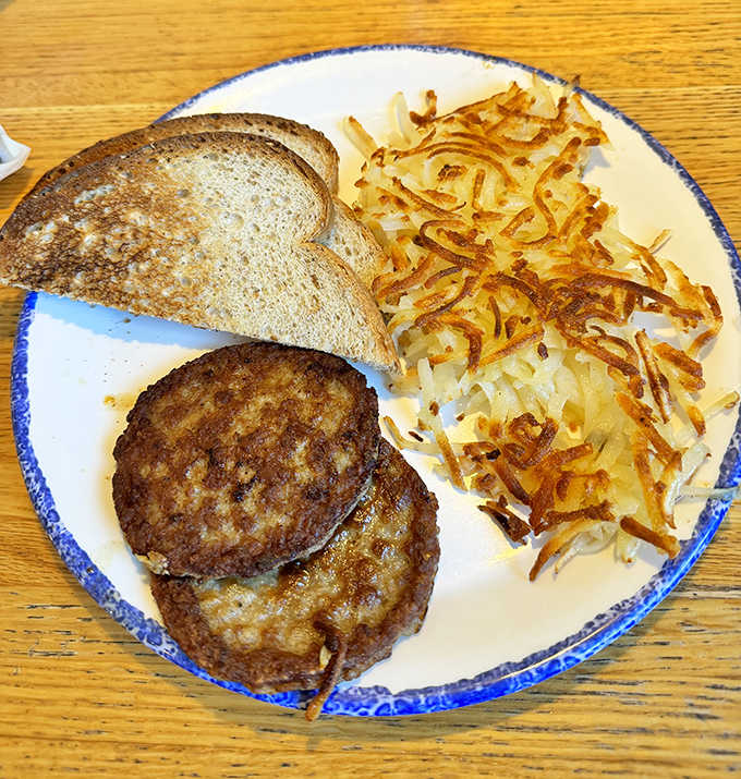 These sausage patties and hashbrowns aren't messing around – simple, hearty fare that reminds you why breakfast is the most important meal.