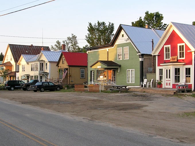 Andover's colorful homes line the main street, bringing cheerful character to this mountain-nestled village in western Maine.