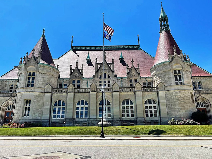 The Castle Museum of Saginaw stands proudly with its distinctive turrets and stonework, a historical treasure converted from its original purpose as a post office.