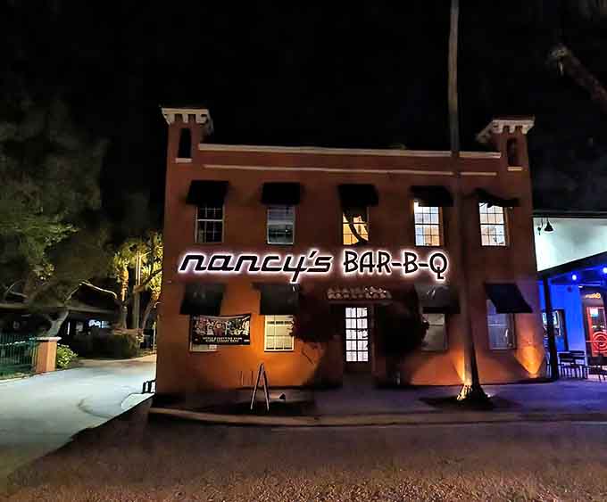 Nancy's Bar-B-Q building looks like a Mediterranean castle decided to serve pulled pork instead of paella.