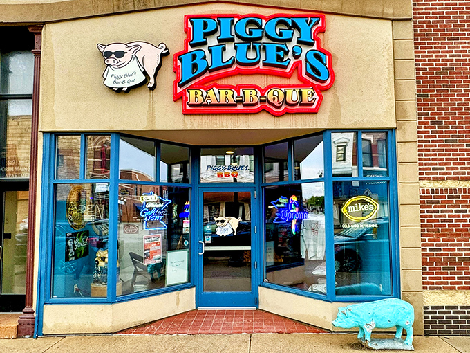 Piggy Blue's distinctive storefront with its sunglasses-wearing pig mascot brings fun vibes to serious BBQ &ndash; the blue pig statue welcomes hungry visitors to this Rochester favorite.