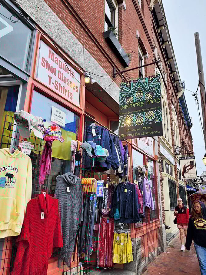 Colorful clothing and unique treasures spill from Siempre Mas onto Exchange Street, inviting curious shoppers to explore further.