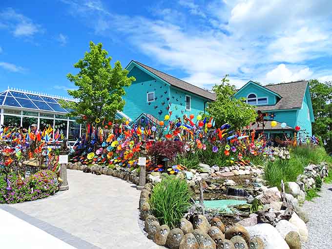 Suttons Bay's colorful buildings pop against the blue sky like a box of crayons spilled along the waterfront in the best way possible.
