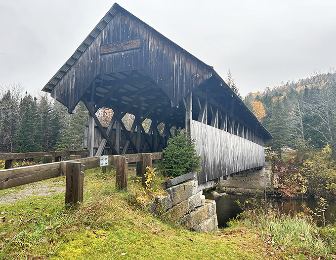 Bennett Bridge stands as a wooden sentinel in the wilderness, its weathered boards blending harmoniously with the surrounding forest.