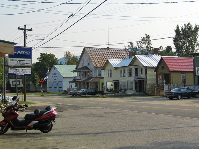 The village center of Andover features classic New England architecture with mountains creating a dramatic backdrop.