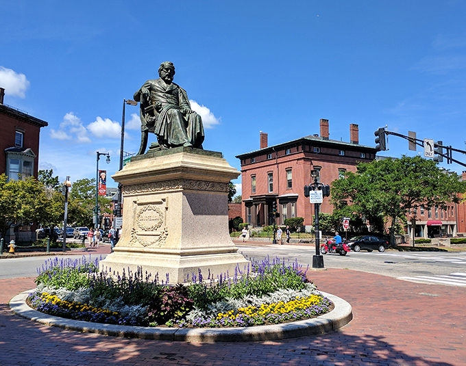 This historic monument honors Portland's Civil War heroes, standing tall against a backdrop of modern and historic architecture.