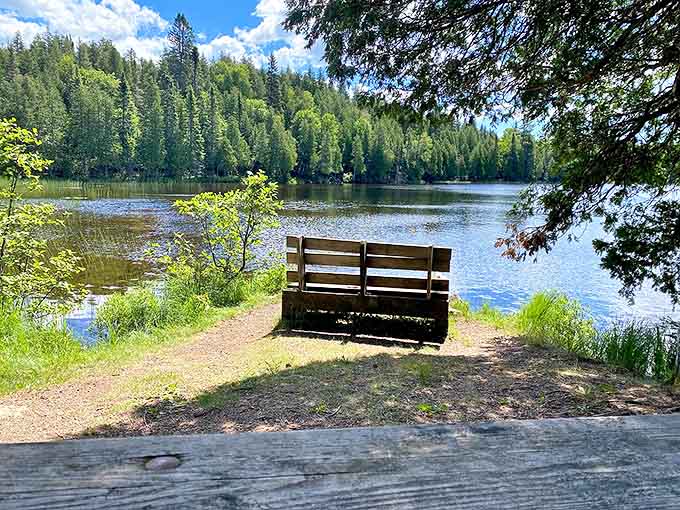 A serene lake reflects the surrounding forest at George Crosby Manitou, creating a perfect spot for quiet contemplation.