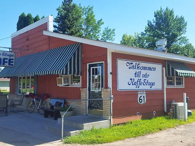 Kaffe Stuga's distinctive red exterior and striped awnings stand out along Highway 61. This Harris institution has been serving Swedish-inspired comfort food to generations of hungry travelers.