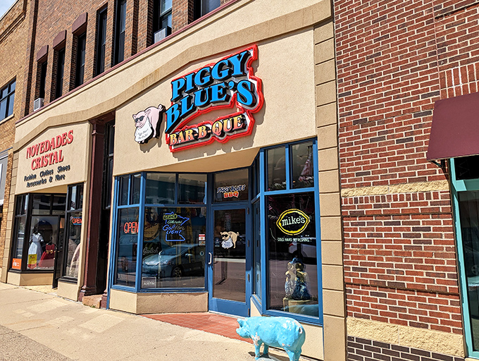 The playful Piggy Blue's facade stands out on the block &ndash; this Rochester BBQ joint combines personality with pitmaster skills for an unforgettable dining experience.