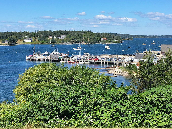 The working waterfront of Port Clyde features docks extending into the calm blue harbor, with forested islands creating a perfect backdrop.
