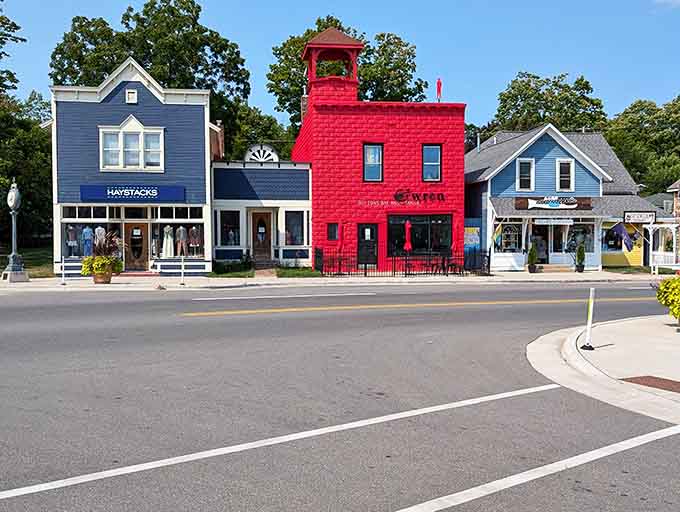 The marina at Suttons Bay showcases boats that range from modest to magnificent, all floating peacefully in Grand Traverse Bay's calm waters.