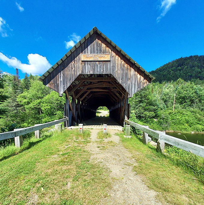 The simple beauty of Bennett Bridge showcases early American engineering at its finest, creating a peaceful passage over rushing waters.