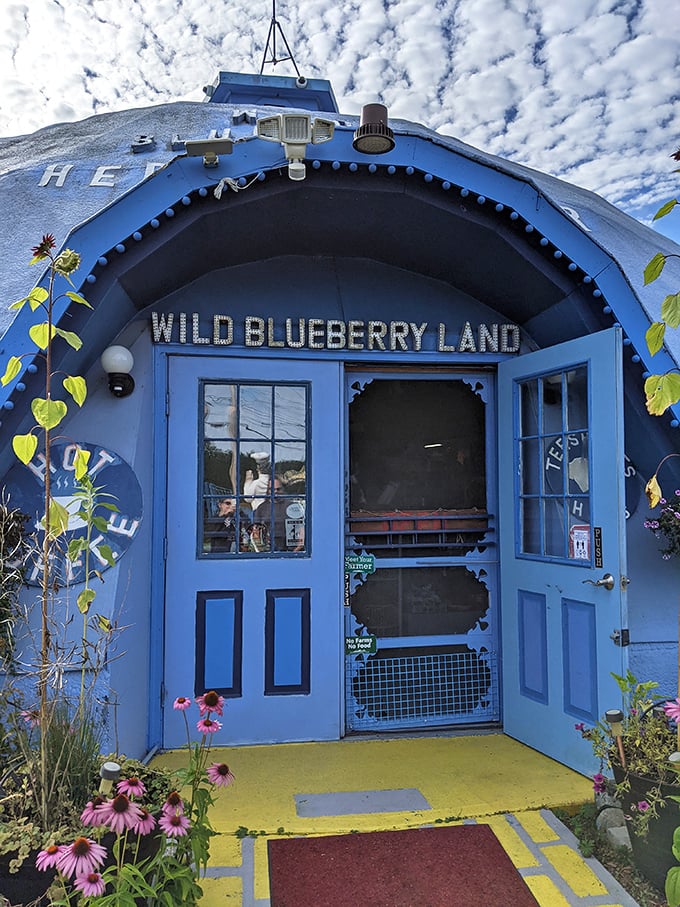 The entrance to Wild Blueberry Land welcomes visitors with bright blue paint and cheerful signage celebrating Maine's famous tiny fruit.