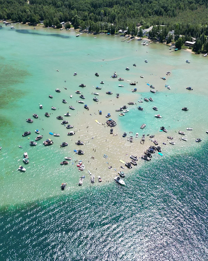 From above, Torch Lake's sandbar becomes a social phenomenon, boats gathering like colorful confetti on nature's perfect dance floor.
