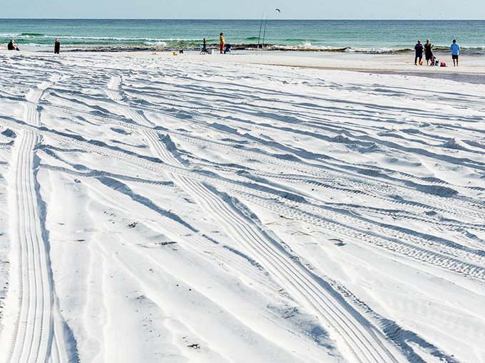 Tire tracks create an accidental masterpiece on Grayton's famous quartz sand. Even winter visitors find their slice of paradise here.