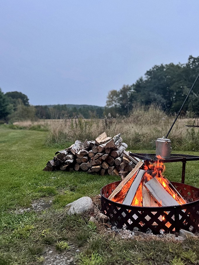 Crackling flames and stacked firewood—the oldest entertainment system known to humanity, still undefeated.