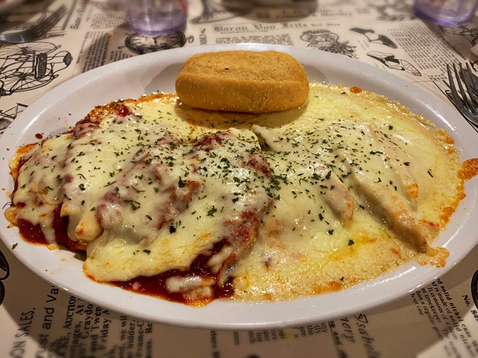Cheese ravioli swimming in rich sauce and melted cheese &ndash; the kind of comfort food that makes you want to hug the chef.