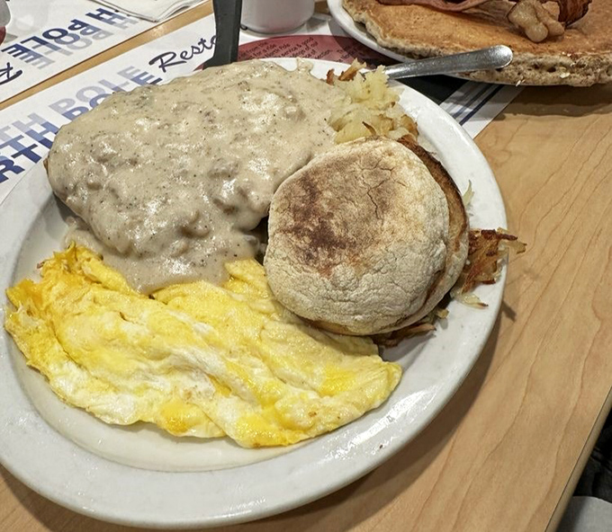 Country fried steak swimming in gravy so good you'll want to write it love letters, served with eggs and an English muffin.