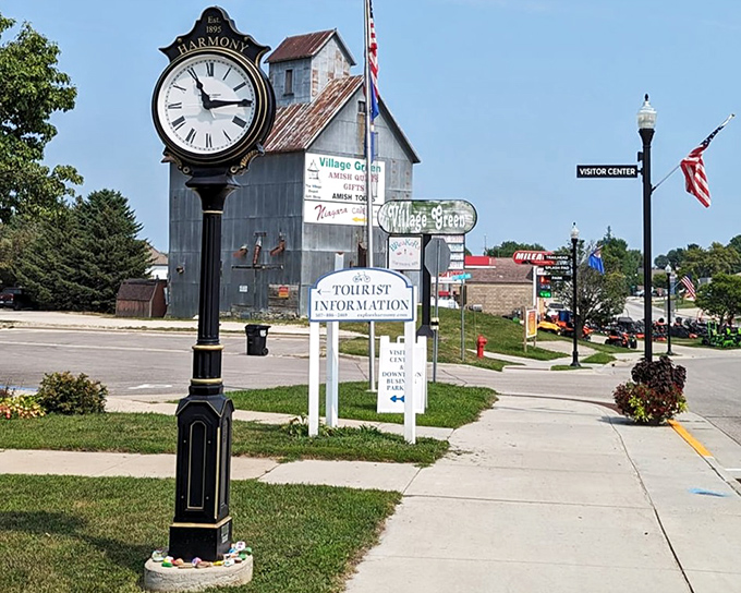 Harmony's downtown landmark clock and visitor center stand ready to welcome explorers, marking both the time of day and a timeless small-town aesthetic.