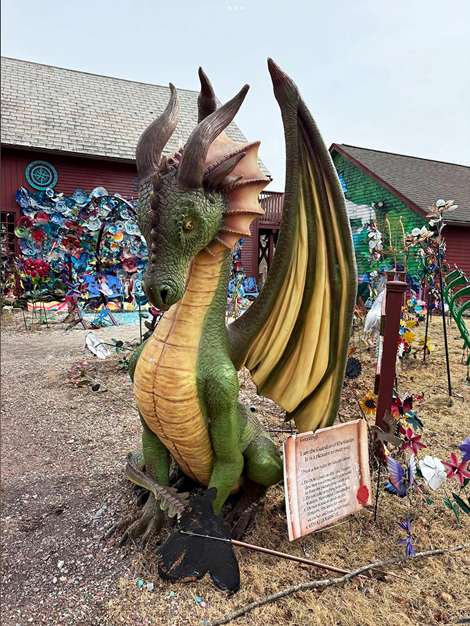 This guardian dragon stands sentinel at the garden's edge, scales glinting with metallic promise in the Vermont sunshine.