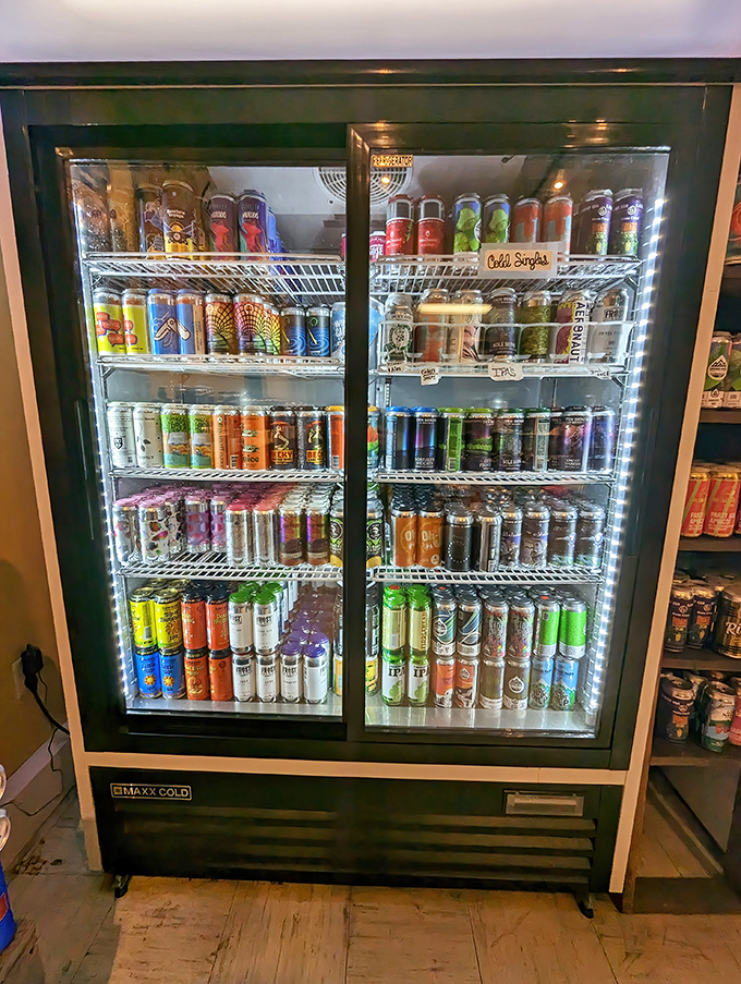 Thirsty? The drink cooler is a colorful mosaic of craft brews waiting to complement your smoky feast.