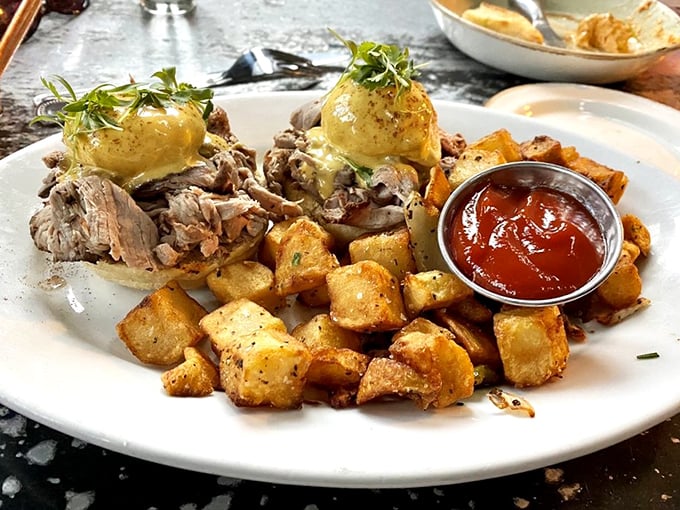 Eggs Benedict gets a Florida makeover with tender roast beef replacing Canadian bacon, while those potatoes deserve their own fan club.